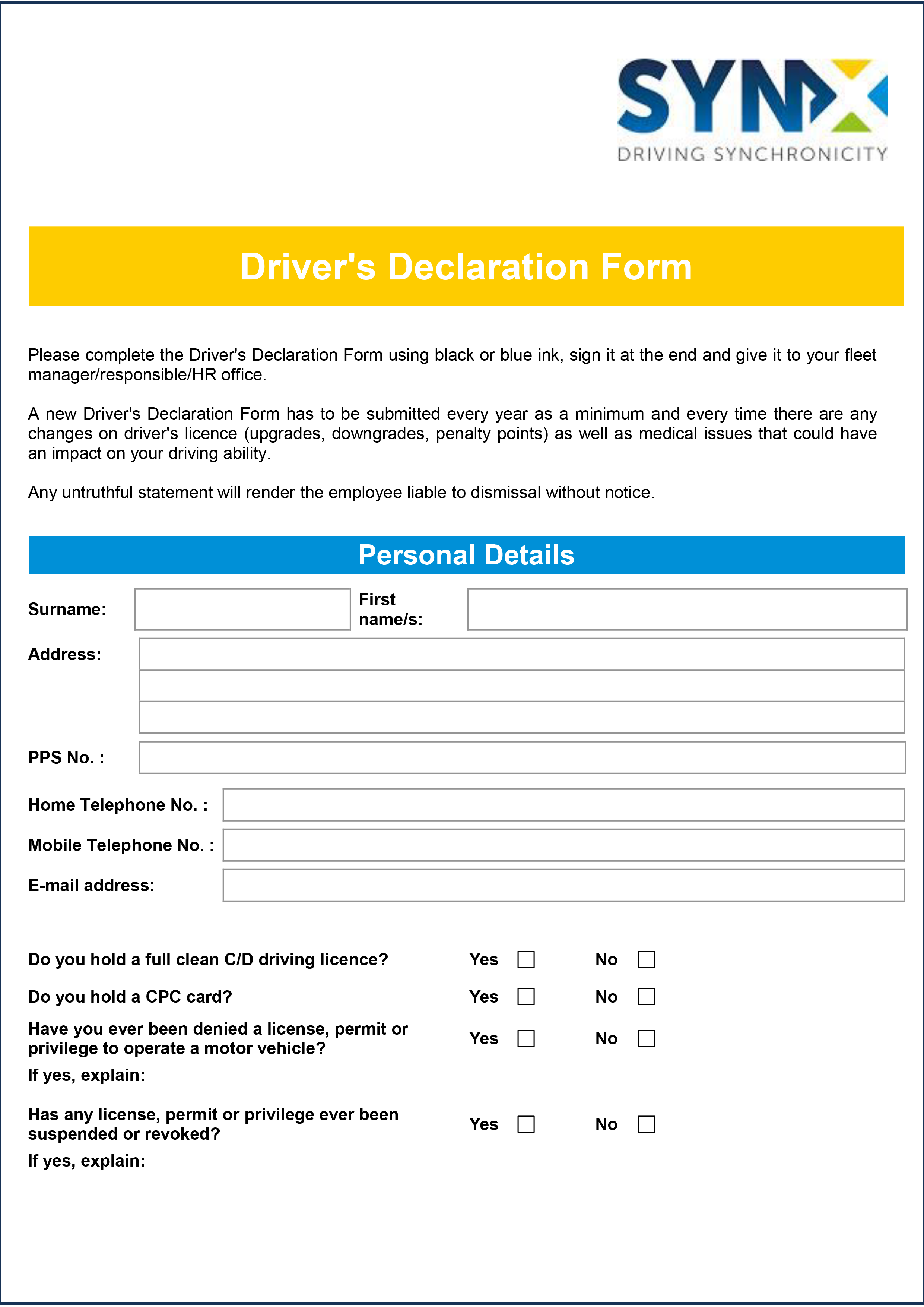 Driver declaration form - free download Driver declaration form - free download
